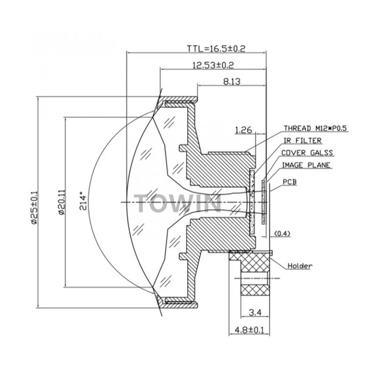 Fisheye-Objektiv 1/3" Φ2,7 220° M12 für OV4689 - Towin