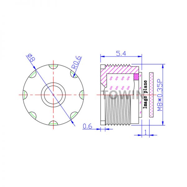 Low distortion wide angle 4.4mm 1/3.2" 52° M8 mount lens - Towin