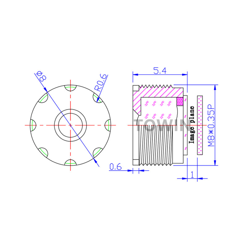 Low distortion wide angle 4.4mm 1/3.2" 52° M8 mount lens - Towin