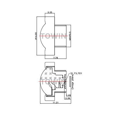 Low distortion wide angle 72° M8 mount lens - Towin